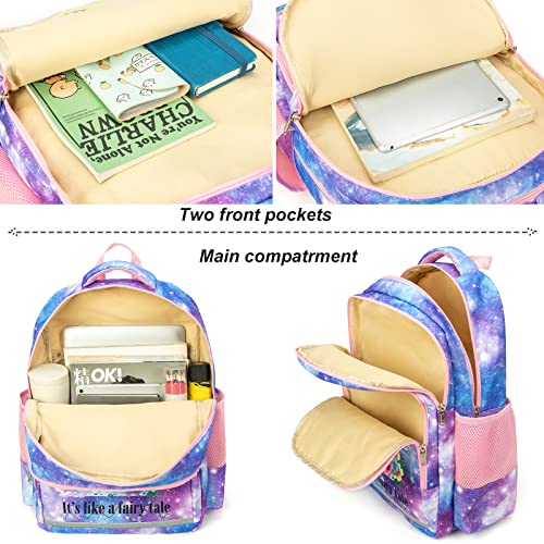 BTOOP Girls Backpack Kids Elementary Bookbag Girly School Bag with Insulated Lunch Tote and Pencil Pouch (Galaxy- Purpel Blue)
