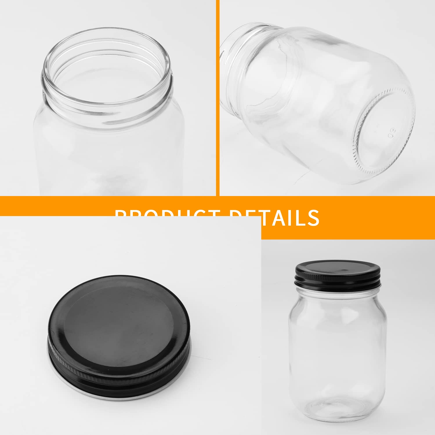 Accguan 16oz Glass Jars with Regular Lids, Mason Jar With Airtight Lids(Black), Clear Glass Jar Ideal for Jam,Honey,Shower Favors,Wedding Favors, 15 pack