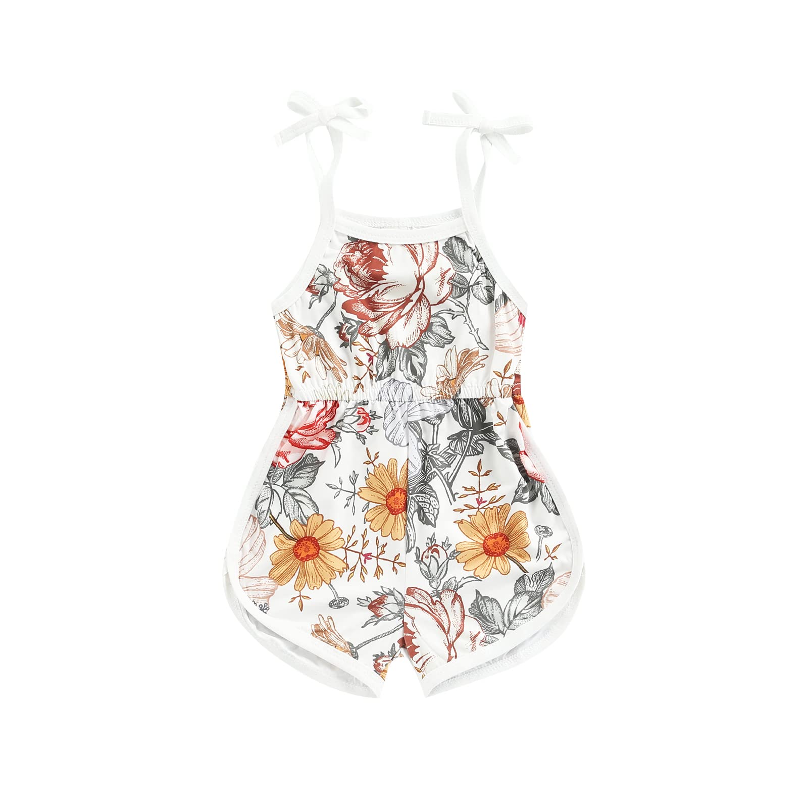 Bmnmsl Newborn Baby Girl Clothes Romper Floral Sleeveless Tie-Up Spaghetti Strap Halter Jumpsuit Infant Toddler Summer Sling Playsuit (A1 White Flower, 12-18 Months)