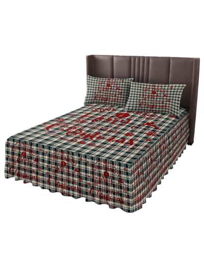 AMZRicher Christmas Wrap Around Pleated Bed Skirts for Queen Bed 60x80, Decorative Dust Ruffle Bed Sheet & Bedskirt 18'' Drop Bedspread with Pillow Case 20x30 Vintage Farmhouse Buffalo Lattice Red