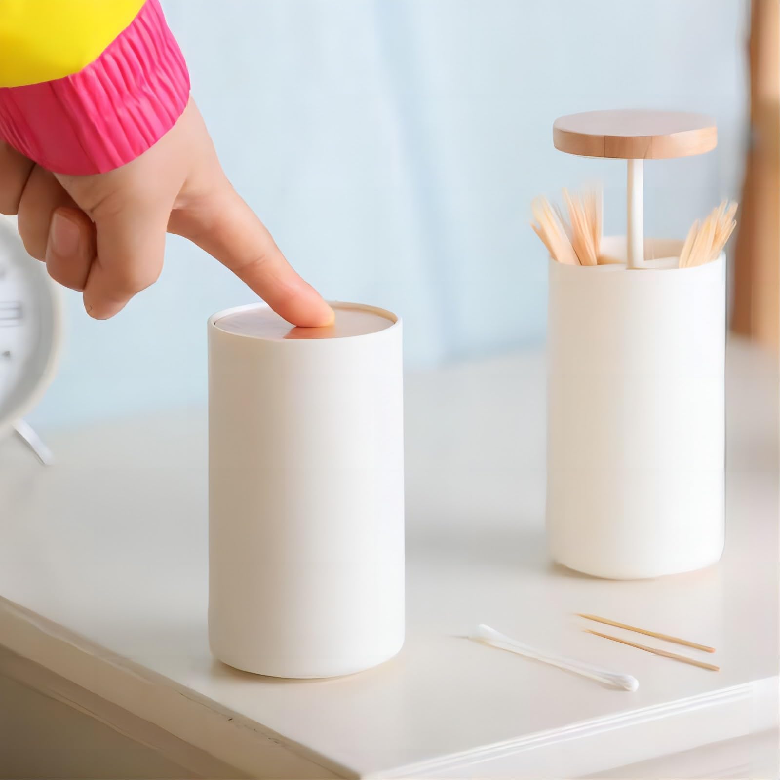 Pop-Up Qtip Holder for Cotton Swabs Qtip Dispenser Bathroom Organizer Bathroom Decor, Cotton Swab Toothpick Holder(2 Pack)