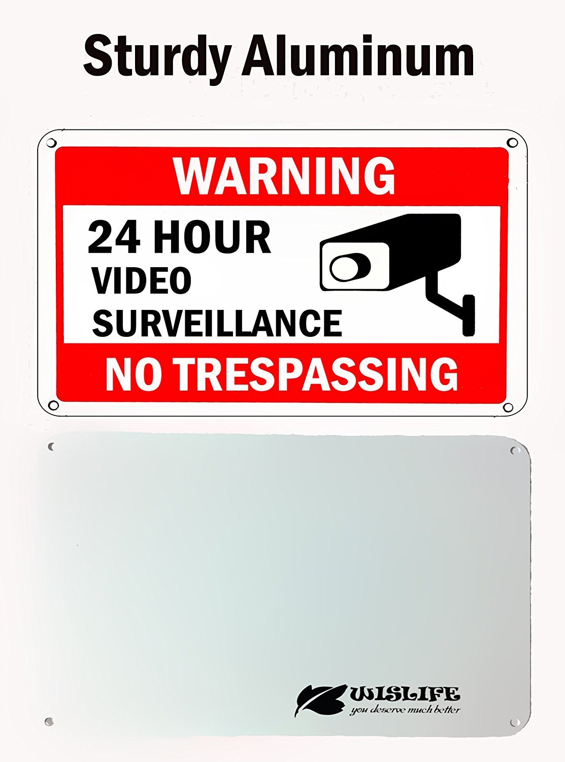 WISLIFE Video Surveillance Sign Set, 2 (10" X 7") Aluminum Warning Signs & 6 (6"X6") Window Stickers, Video Security Signs
