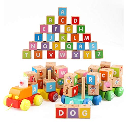 Garlictoys ABC Wooden Block Cart Sorting Stacking, Wood Alphabet Blocks Building Games Montessori Preschool Learning Educational Toys for Baby Stacking.Great Gift for Girls and Boys for 3+ Years Olds.