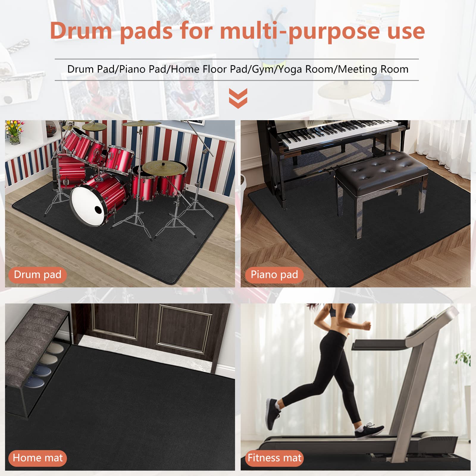 IBVIVIC 4Ft x 5.2Ft Drum Pad Drum Mat Drum Carpet, Tightly Woven Fabric with Non-Slip Grip Bottom, Roll of 21.2 Square Feet, Black