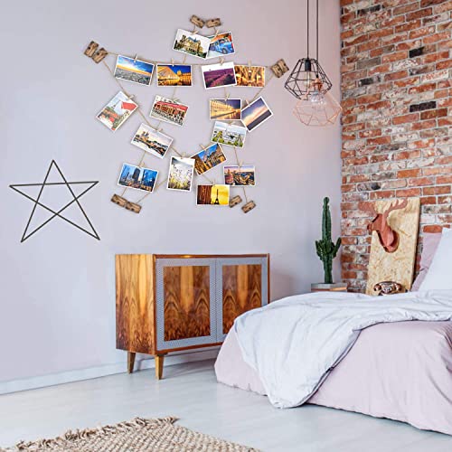 Emfogo Hanging Photo Display, Wood Picture Photo Frame for Wall DIY Decor 5 Strings with 30 Clips, Adjustable Twines fit Multi Pictures Frames Collage Organizer 35 x 35 inch