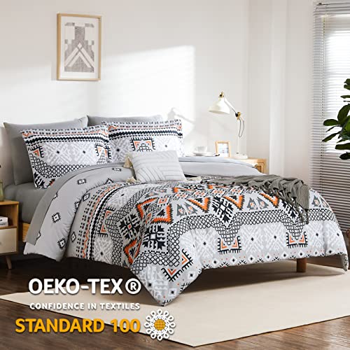 CASAAGUSTO Queen Comforter Set, 8 Pieces Gray Orange Boho Comforter Set, Microfiber Cozy Bohomian Bedding Set with Decor Pillow, Lightweight Breathable for All Seasons