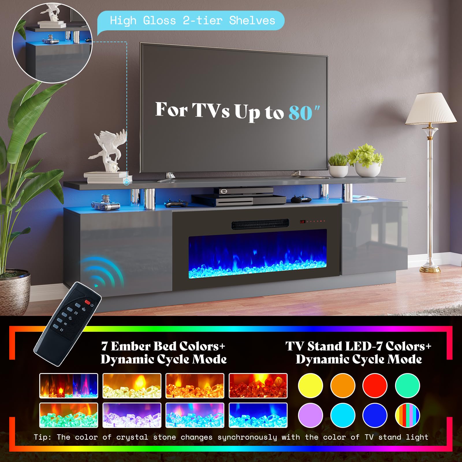 AMERLIFE 5 Piece Modern Living Room Table Set, Includes 70" Fireplace TV Stand, 2-Tier Coffee Table, 2 X Side Tables with Charging Station, LED Media Furniture, Grey