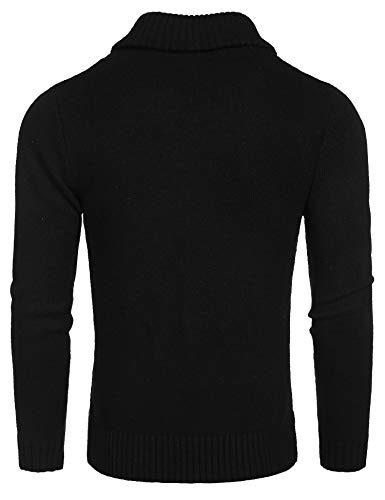 COOFANDY Men's Shawl Collar Sweaters V-Neck Cotton Relaxed Fit Cable Pullover (Black&, Medium)
