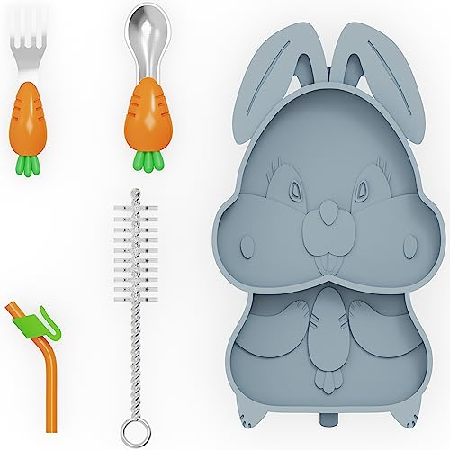 EMGATE Silicone Baby Feeding Set Includes Toddler Plates, Toddler Forks and Spoons âPremium 5-Piece Toddler Feeding Supplies â Non-BPA Bunny Plates with Straw, Brush â Cute Packaging (Blue)