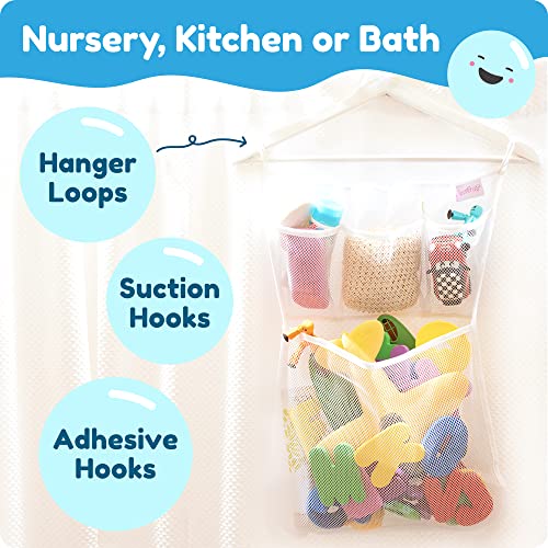 Original Tub Cubby Bath Toy Storage - Hanging Bath Toy Holder, with Suction & Adhesive Hooks, 14"x20" Mesh Net Shower Caddy for Kids Bathroom Decor, Bedroom & Car Toy Organizer - Bonus Rubber Duck & Hooks