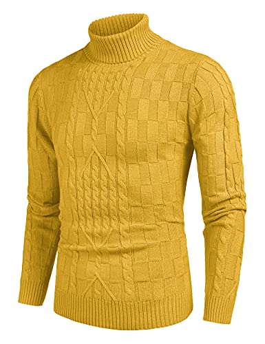COOFANDY Men's Slim Fit Turtleneck Sweater Casual Cable Knit Pullover Sweaters Yellow
