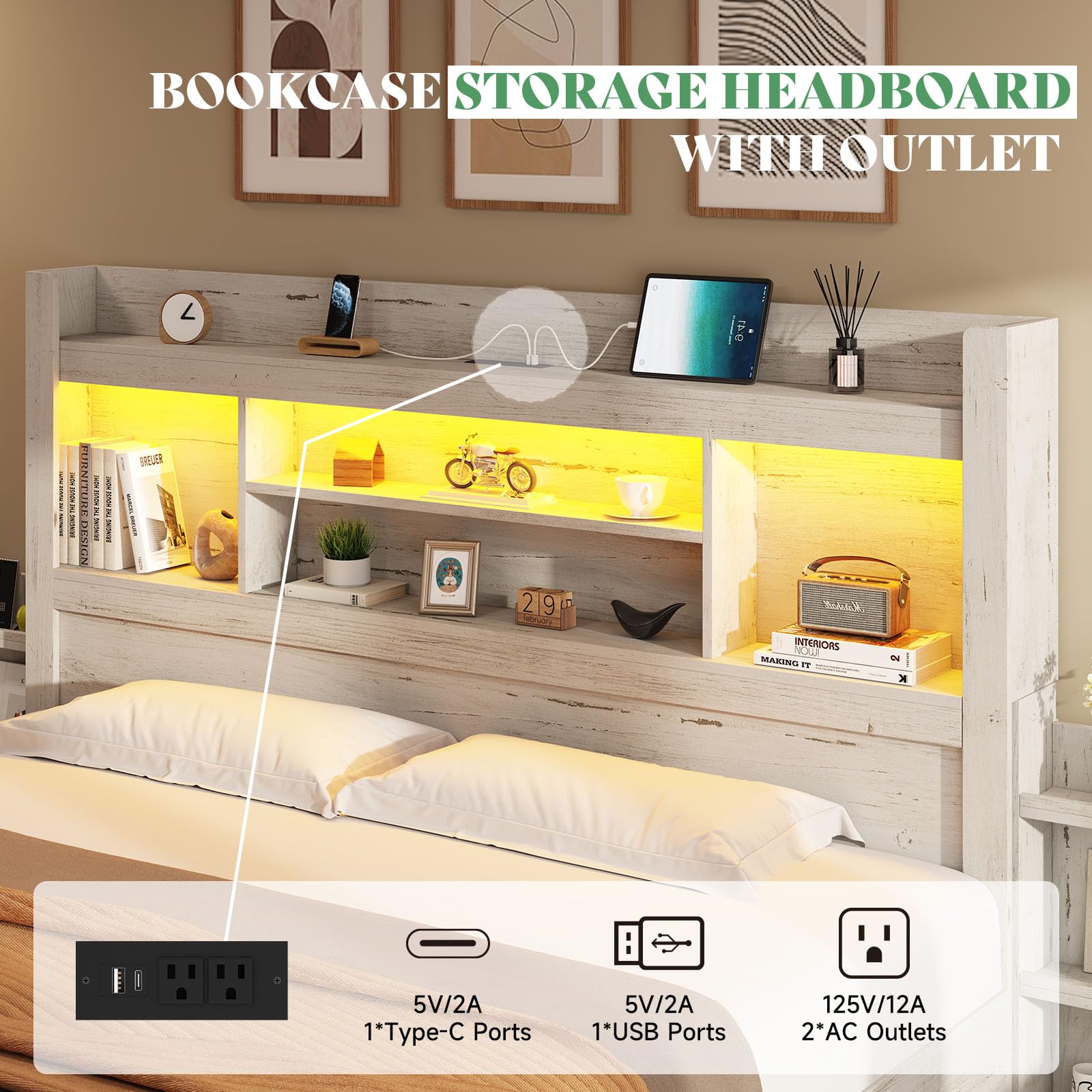 AMERLIFE King Size Bed Frame with 4 Storage Drawers, LED Bed Frame with 49.6" Tall Bookcase Headboard, Wood Platform Bed with Charging Station & 2 Slide Bedside Shelf, No Box Spring Needed/Black