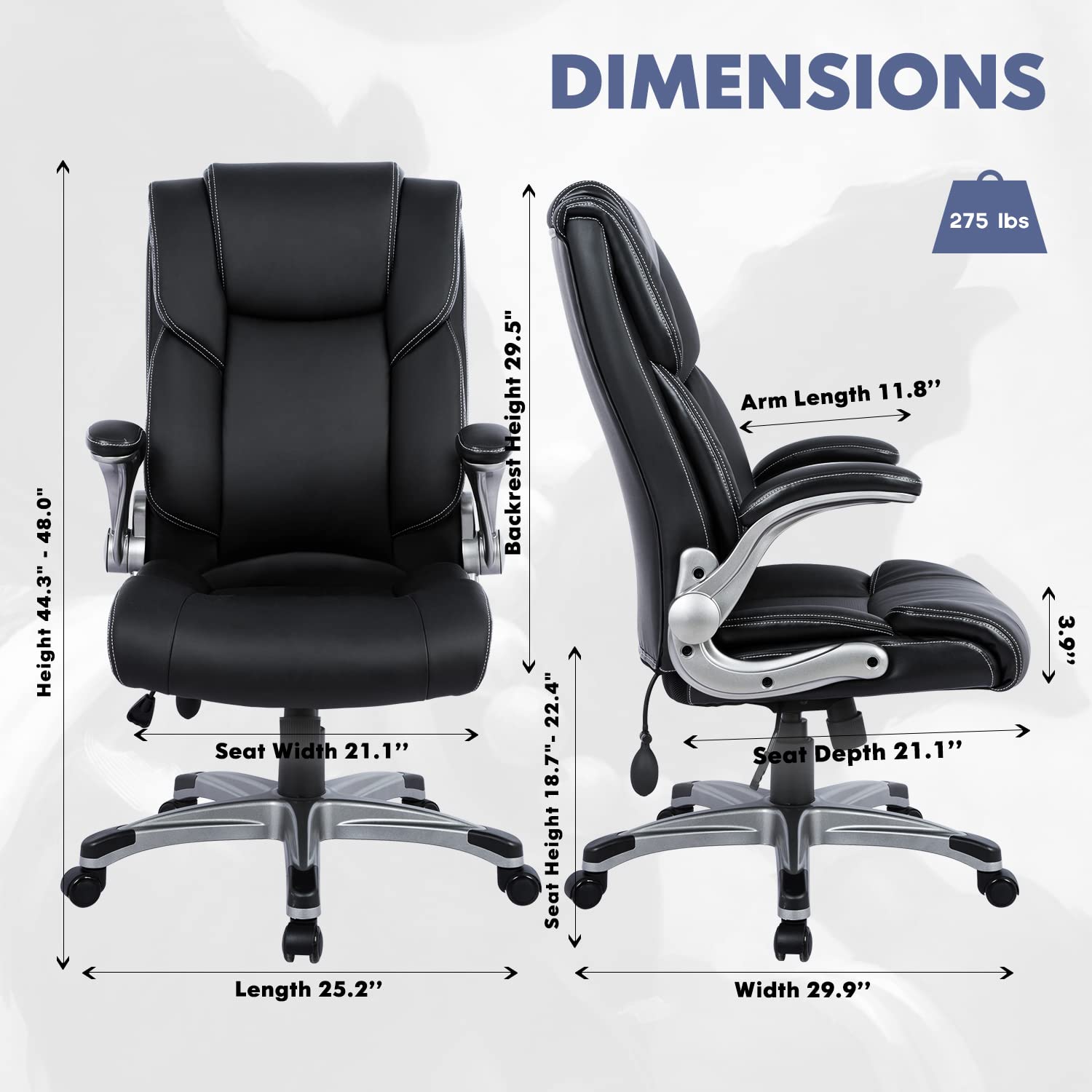 High Back Executive Office Chair- Ergonomic Home Computer Desk Leather Chair with Padded Flip-up Arms, Swivel Rolling Chair for Adult Working Study-Black