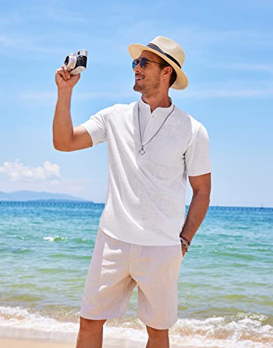 COOFANDY Mens Cotton Linen Henley Hippie Casual Beach T Shirt with Pocket, 01-White, X-Large, Short Sleeve