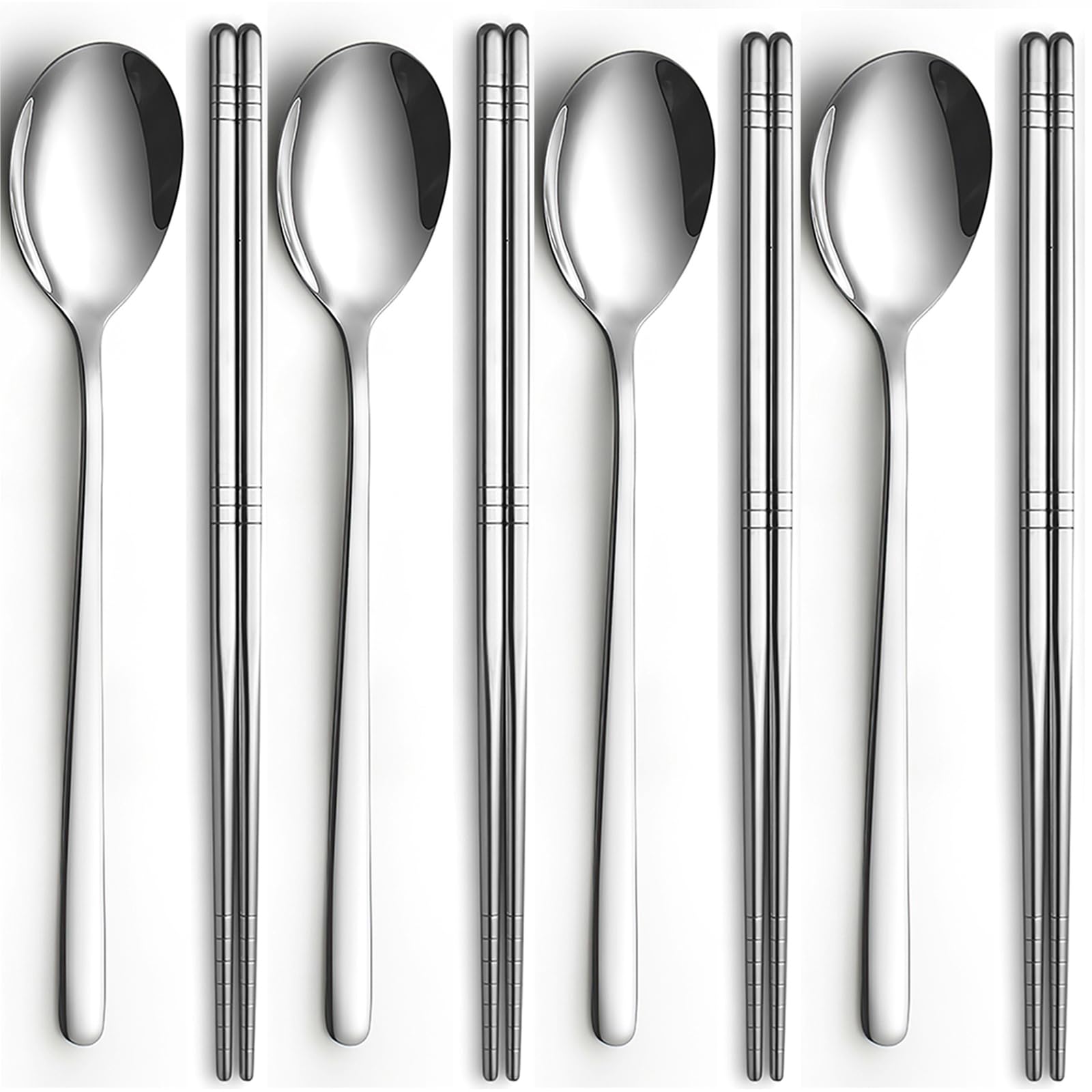 Tiokin Spoon and Chopsticks Set, 4 Pair Stainless Steel Metal Chopsticks Spoon Set,4 Set Korean Chopsticks and Spoons, Reusable Flat Long handle Chopstick Spoon Set for Home, Kitchen or Restaurant