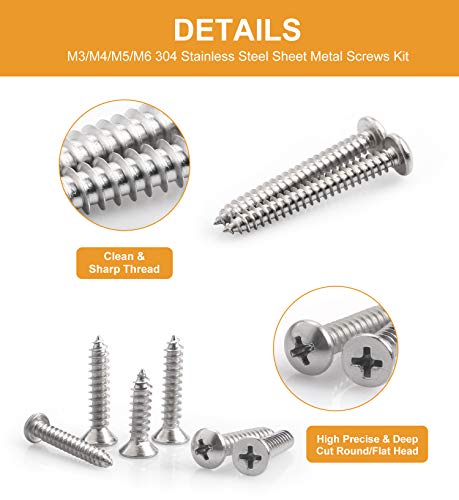 Self Tapping Screws Assortment Fasteners Set, 650pcs 304 Stainless Steel M3/M4/M5/M6 Sheet Metal Screws Kit with Storage Box,Phillips Drive Wood Screw Assortment