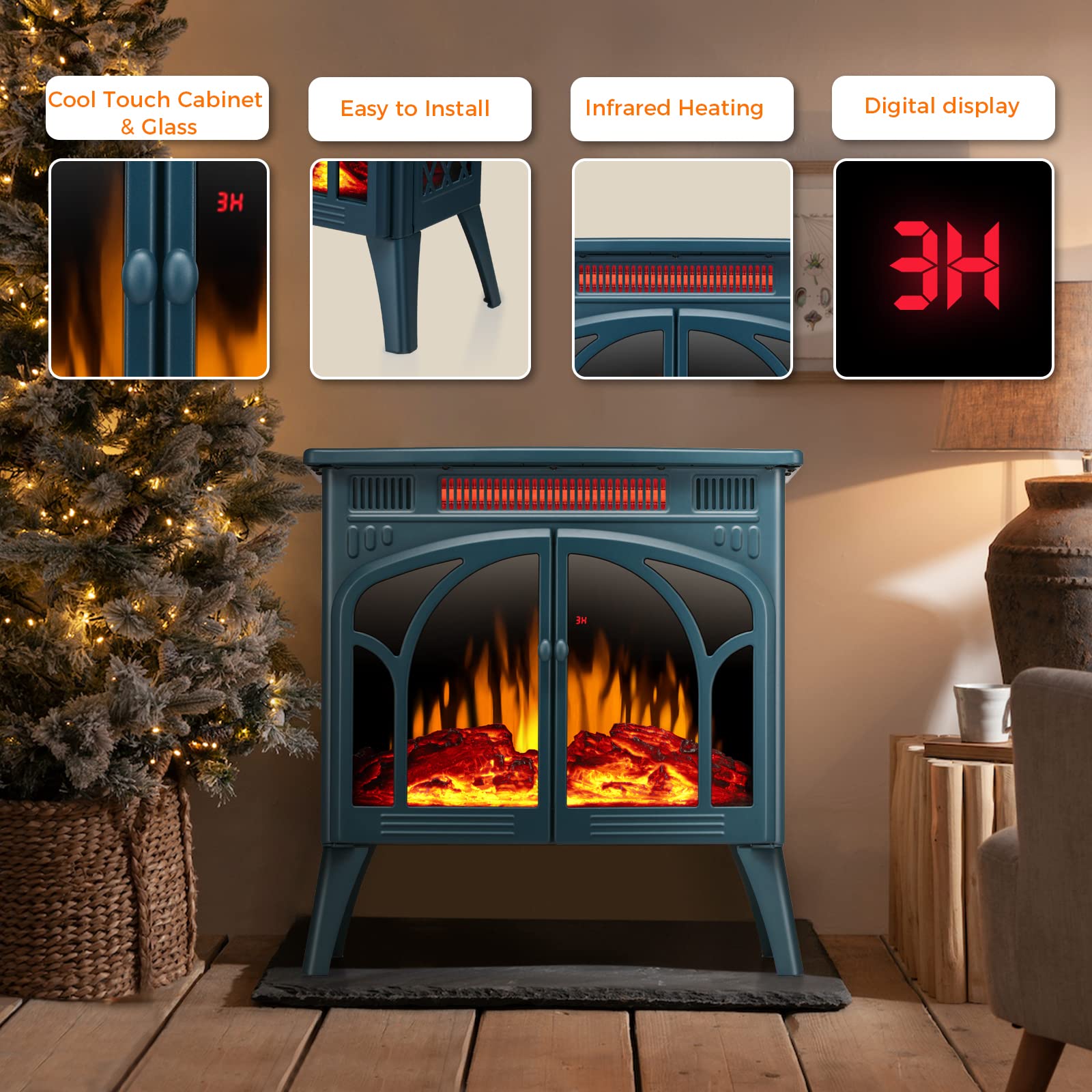 Antarctic Star 25-inch 3D Infrared Classic Electric Fireplace Stove, Freestanding Fireplace Heater Adjustable Brightness and Color,Portable,Thermostat,Overheating ProtectionâŚ