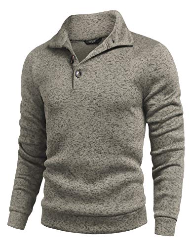 COOFANDY Mens Casual Knit Sweater Shirt Shawl Collar Fit Winter Pullover Khaki