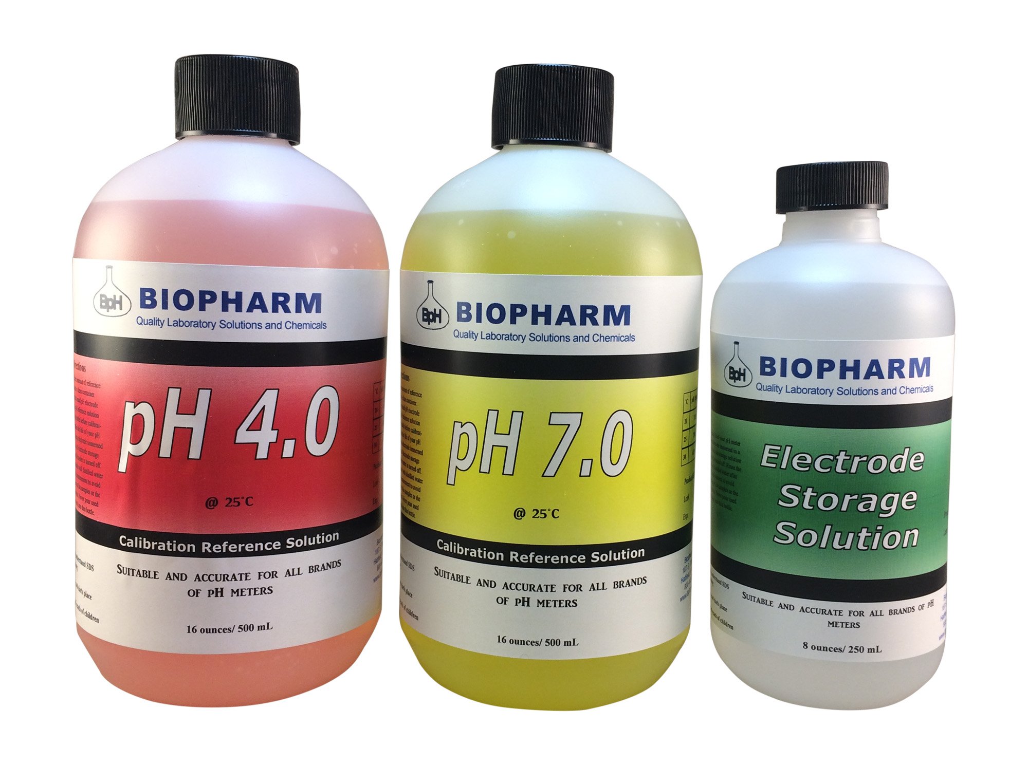 pH Buffer Calibration Kit 3-Pack: one 500 mL (1.06 Pint) Bottle of pH 4.00 Buffer, one 500 mL (1.06 Pint) Bottle of pH 7.00 Buffer, and one 250 mL (8.4 fl oz) Bottle of Electrode Storage Solution