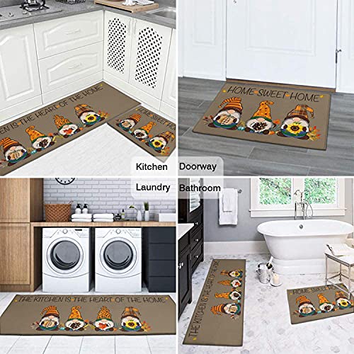 Fuoxowk Thanksgiving Decor Kitchen Mat and Rug Set-Gnome Kitchen Rugs and Mats Non Skid Washable,Floor Cushion Waterproof Rug,Rubber Backed Area Rugs for Kitchen Sink,Laundry Room,Indoor Floor,Brown