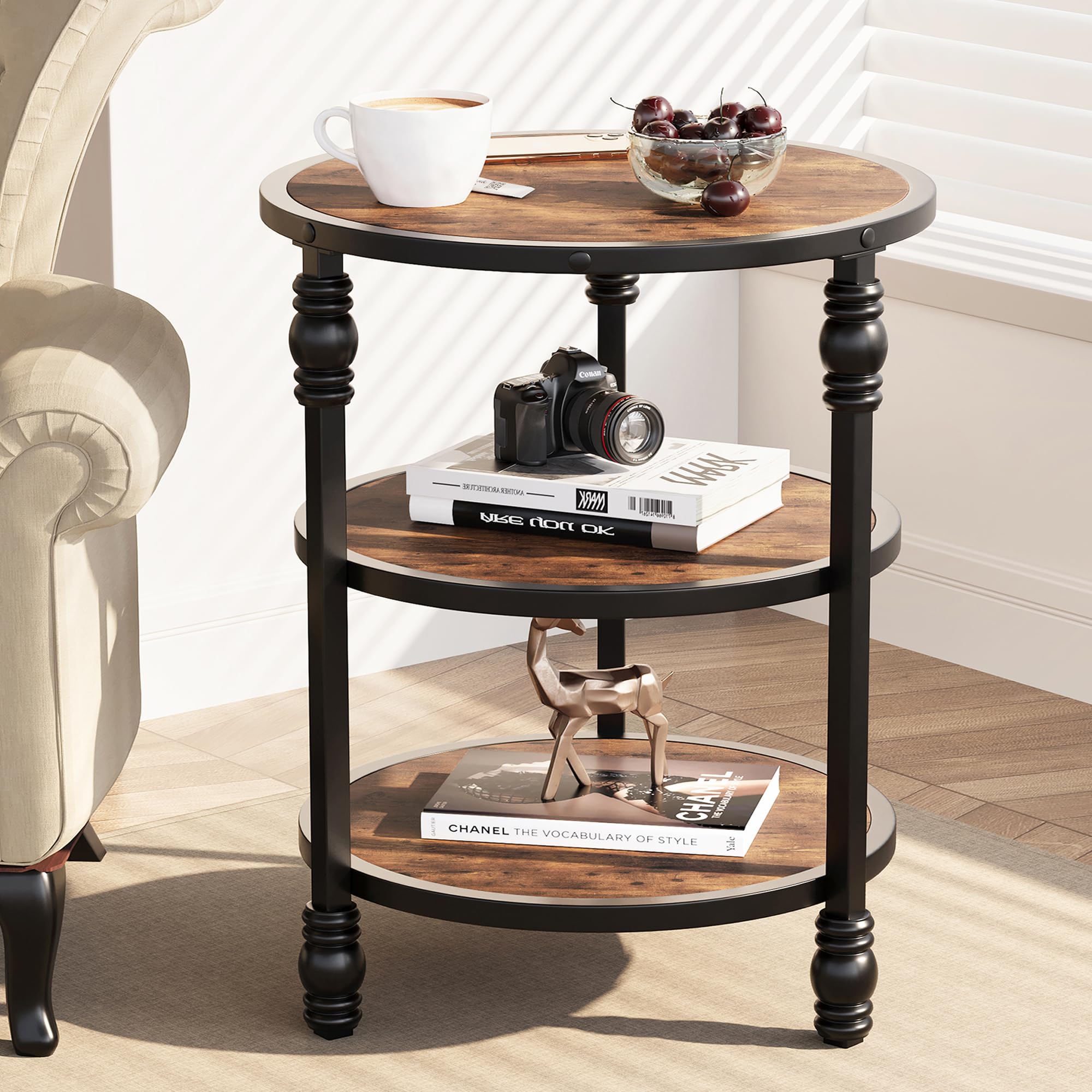 Amyove Round Side Table, 3-Tier End Table Living Room Accent Table with Storage Shelf and Metal Industrial Wood Bed Side Table/Night Stand for Bedroom, Small Spaces, Rustic Brown
