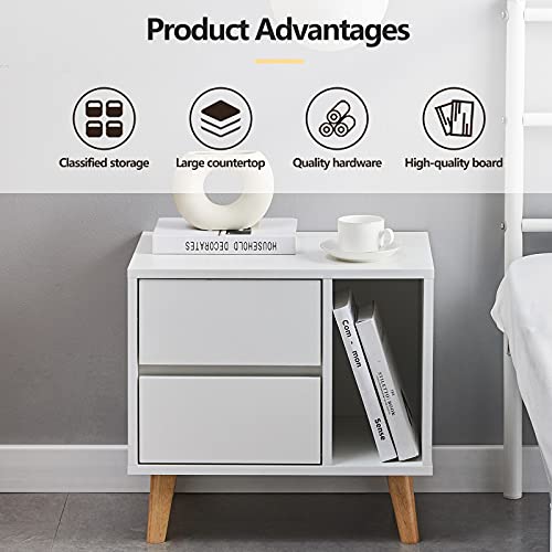 CLIPOP Set of 2 Modern Nightstand with 2 Drawers, Open Shelf, Solid Wood Legs, Wood Bedside Table with Vertical Open Storage, End Side Table for Bedroom Living Room (White)