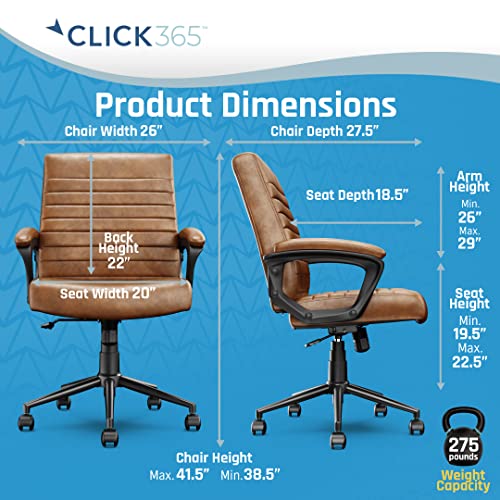 Click365 Transform 3.0 Extra Comfort Ergonomic Mid Back Channel Stitching Desk Chair, with Padded armrests, Adjustable-Height, Tilt, Lumbar Support, 360-Degree Swivel, Bonded Leather, Cognac