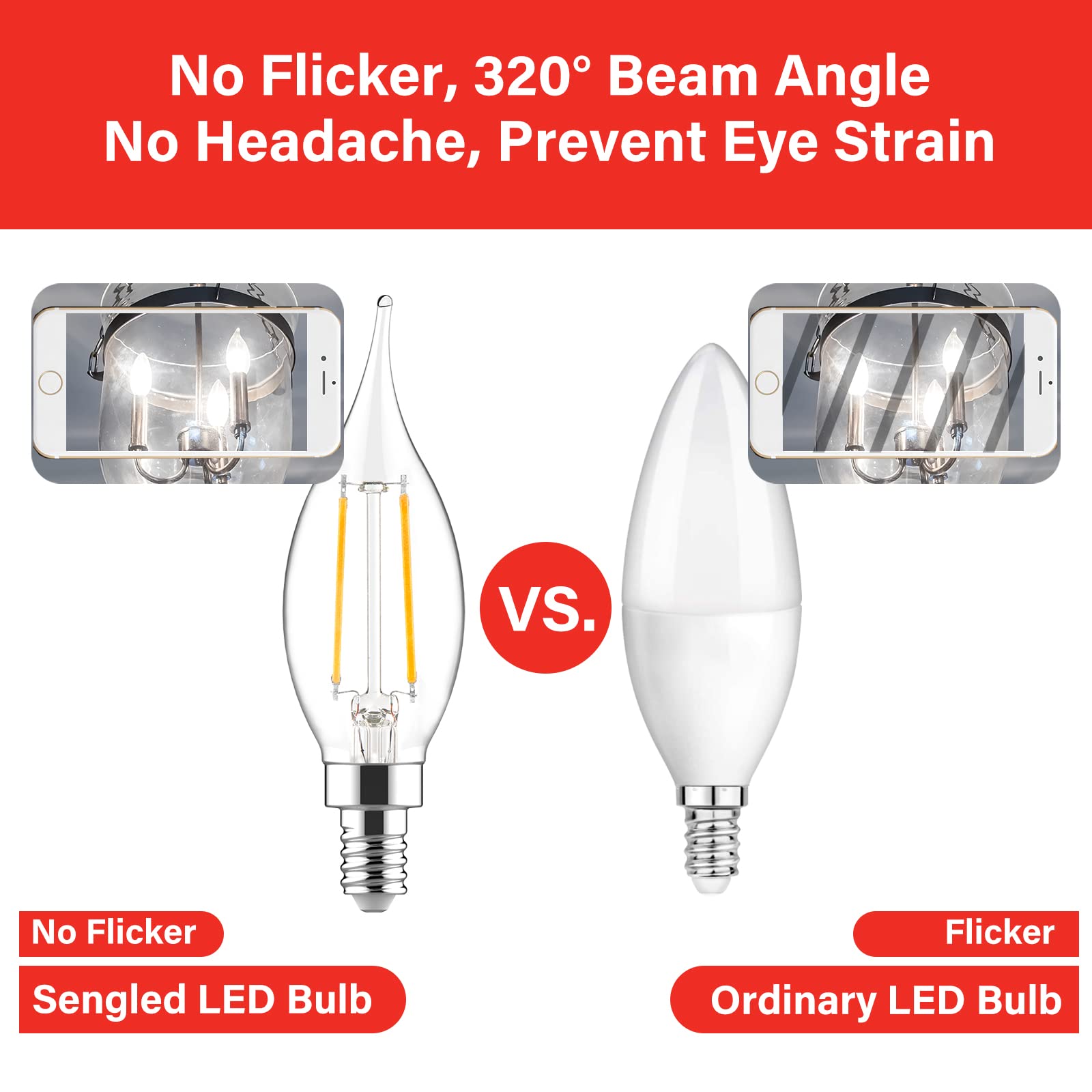 Sengled Candelabra Led Light Bulbs Dimmable, E12 Led Bulb 40 Watt Equivalent, CA10 Flame Tip Chandelier Light Bulbs, 5000K Daylight Candle Light Bulbs for Chandeliers, Ceiling Fan, Pendant, 12 Pack