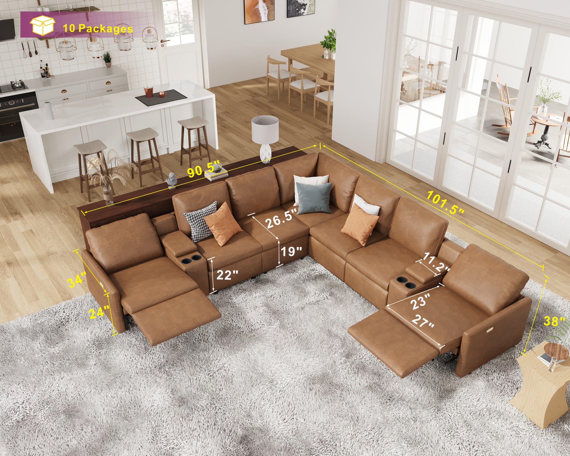 AMERLIFE Reclining Sectional Sofa, Power Recliner with Console& Dual Recliner, 7 Seat Leather Modular Sofa with Cup Holder& Charing Port, L Shaped Sofa for Living Room