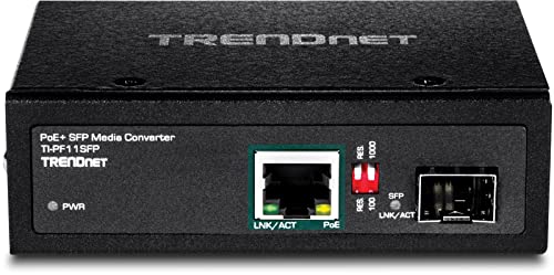 TRENDnet Industrial SFP to Gigabit PoE+ Media Converter, IP30 Rated Housing, Operating Temperature Range -40°– 75 °C to (-40° – 167 °F), TI-PF11SFP, Black