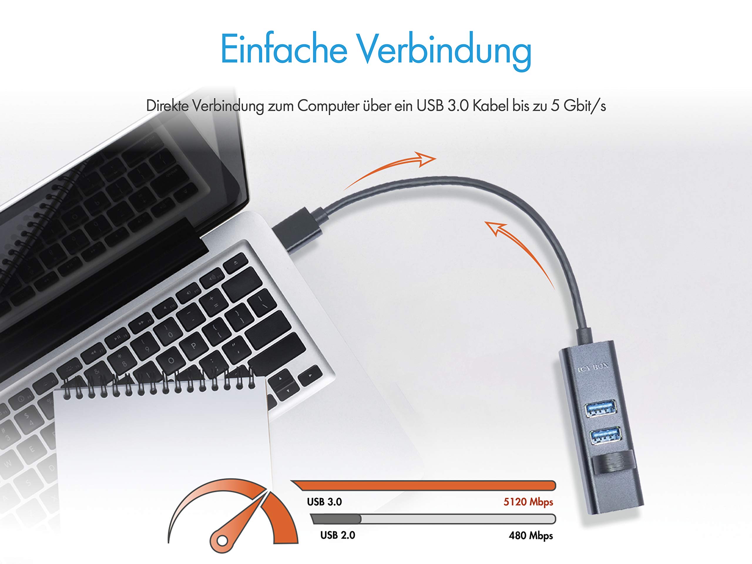 ICY BOX 4 Port USB Hub 3.0 with USB 3.0 Connection Integrated Cable Aluminium Black
