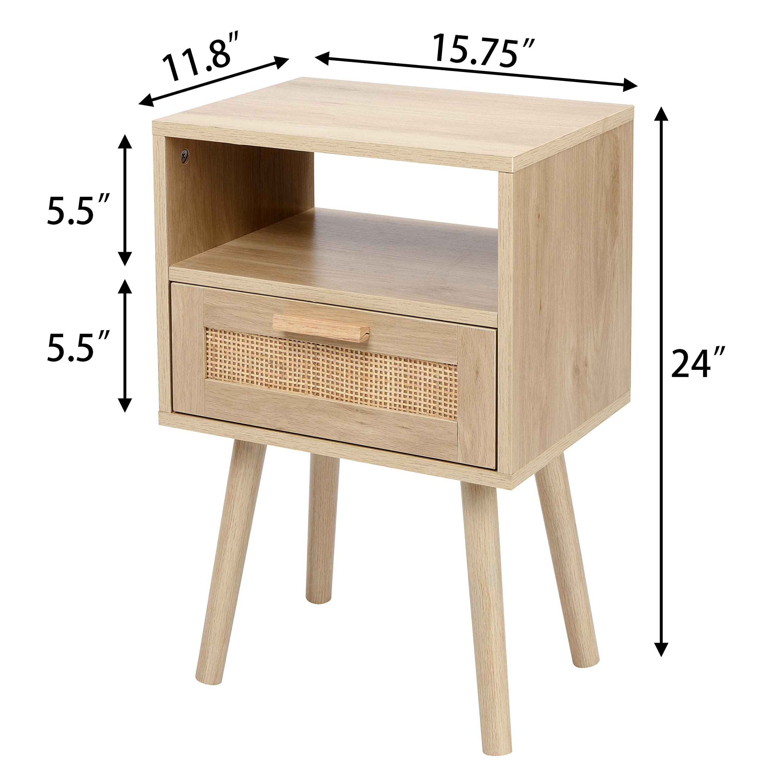 Finnhomy Nightstands Set of 2, End Table, Nightstand, Side Table with Hand Made Rattan Decorated Drawers, Wood Accent Table with Storage for Bedroom, Natural