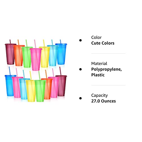 Honeydak Tumbler with Straw and Lid Bulk Water Bottle Iced Coffee Travel Mug Reusable Plastic Cups for Parties Birthdays 24-27 oz(Cute Colors,15 Pack)