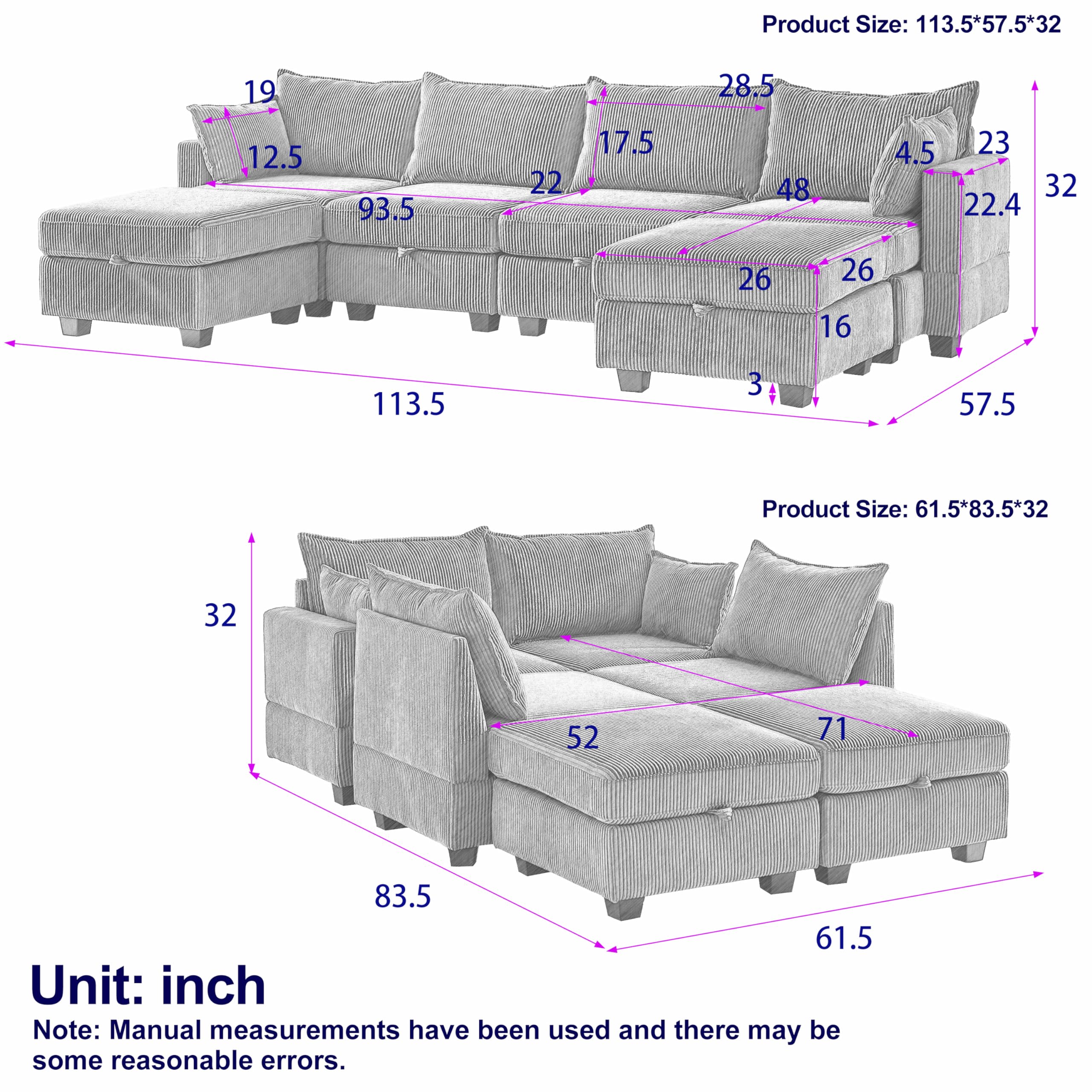 amervanito 113.5''Modern Modular Sectional Sofa, Large U-Shape Sectional Sofa Couch with Storage Seat, 6 Seats Convertible Sofa Bed with Reversible Chaise for Living Room (Black), wf035