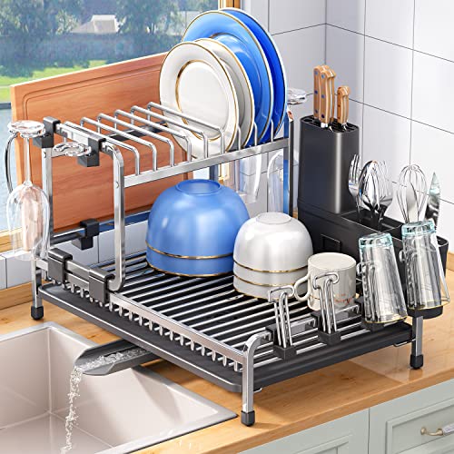 Dish Drying Rack, Aluminum 2-tier Multifunctional 7-in-1 Dish Racks for Kitchen Counter with Drainboard, Rustproof Detachable Large Capacity Dish Drainer with Wine Glass Holder, Utensil&knife Holder