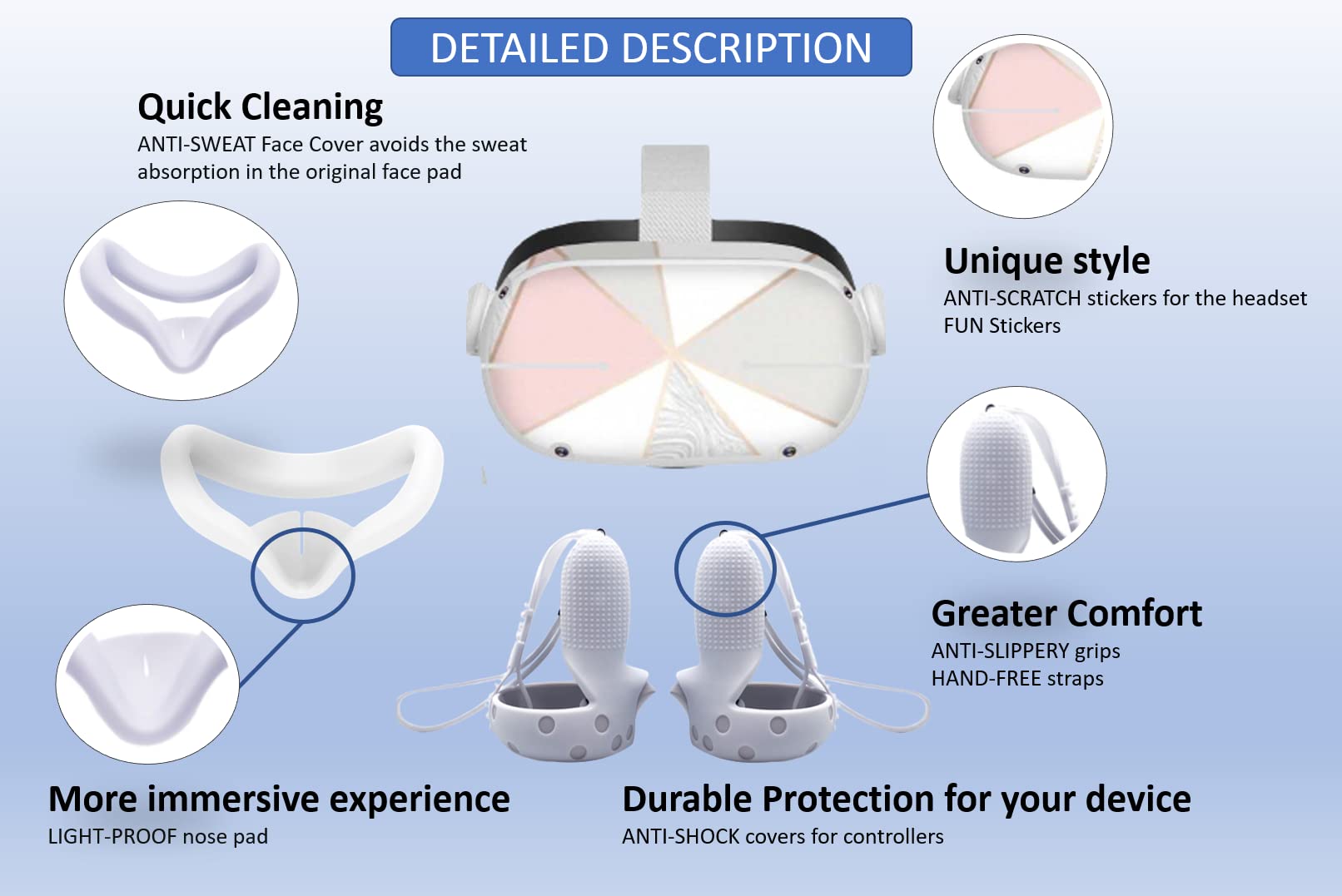 Clean VR Set 3-in-1 Compatible with Oculus Quest 2 Headset/Meta Accessories: Anti-Leakage Face Cover + Non-Slip Grip Covers + Stickers | Sweatproof Anti-Dirty Virtual Reality Decal Skin (Iron Black)