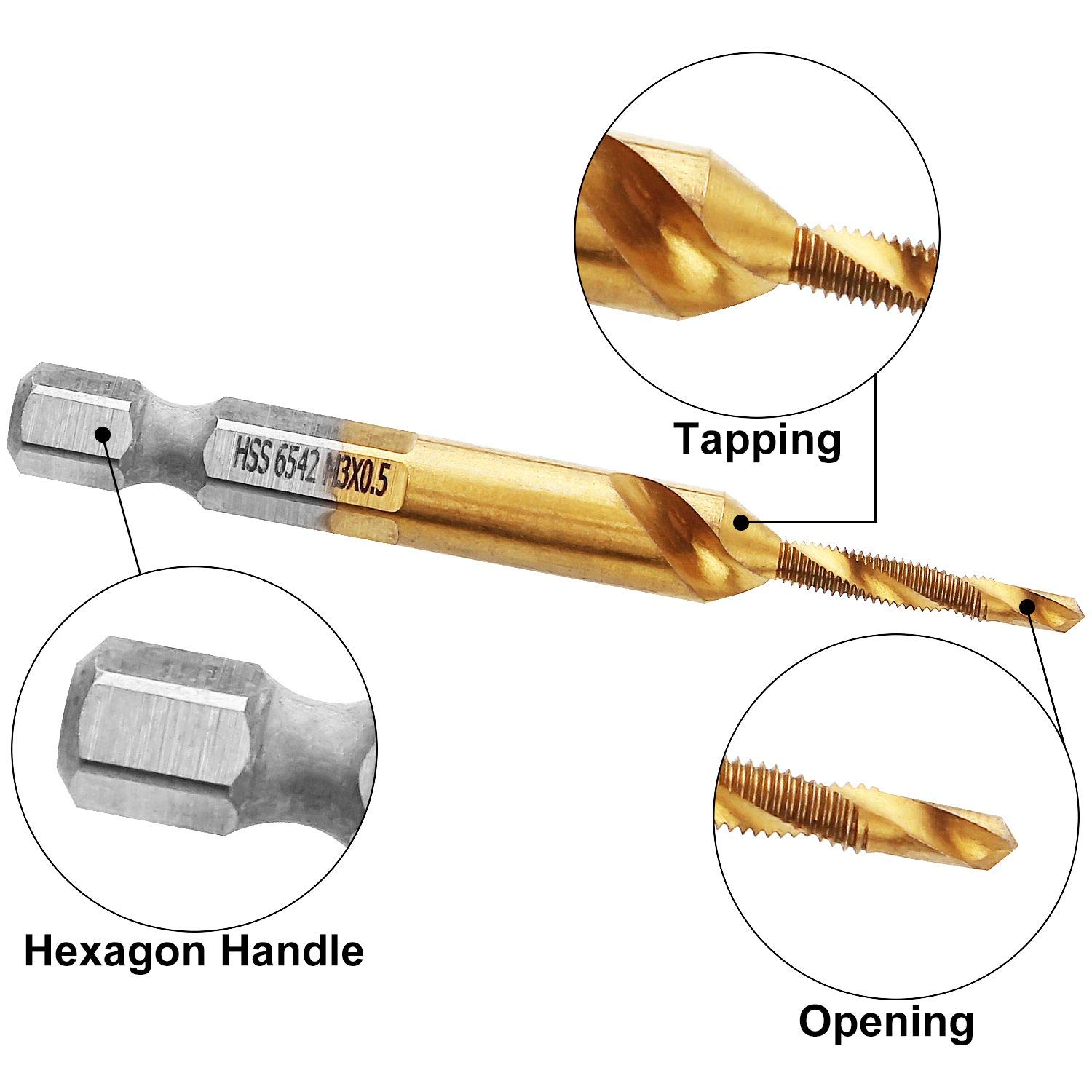 ABuff 5 Pcs M3 Tap HSS 6542 Combination Metric Thread Drill Bit, Titanium Drill Bit Set with Spiral Flute, Countersink Drill with Hex Shank, Tap Set for Drilling, Tapping
