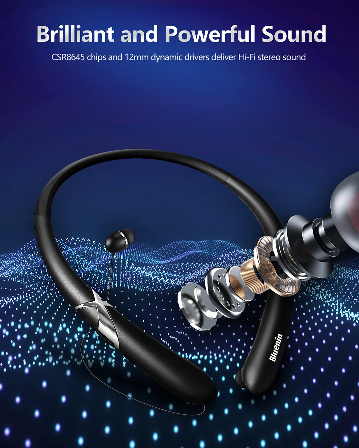 Bluenin Bluetooth Headphones, Bluetooth Neckband Wireless Headphones Bluetooth 5.0 Retractable Earbuds Stereo Headset CVC 8.0 Noise Cancelling Call Vibrate Alert Earphones with Mic (Black)