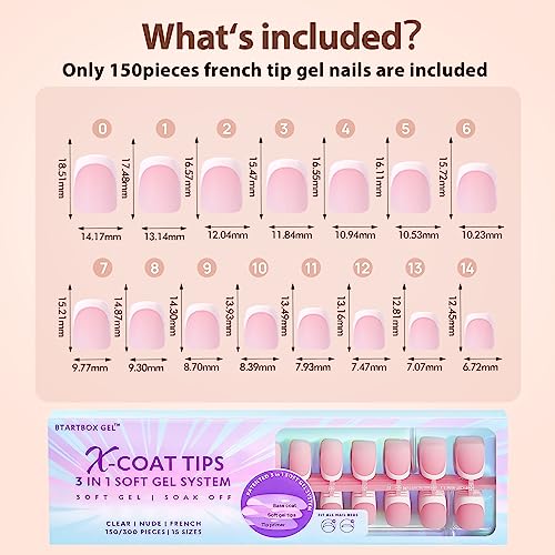 BTArtboxnails French Gel Nail Tips -150Pcs French Tip Press on Nails Pink Extra Short Square 3 in 1 X-coat Tips Pre-applied Tip Primer & Base Coat, No Need to File Fake Nails for Nail Art DIY 15 Sizes