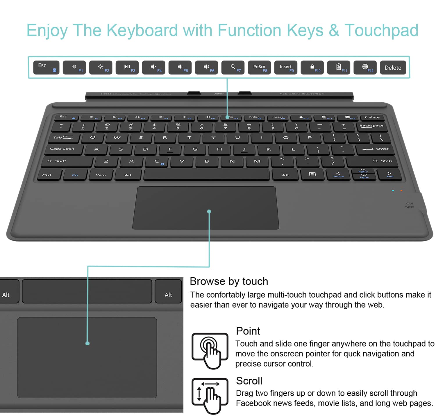 Arteck Microsoft Surface Pro Keyboard Type Cover, Ultra-Slim Portable Bluetooth Wireless Keyboard for Latest Surface Pro 10, Pro 9, Pro 8, Pro X with Touchpad Built-in Rechargeable Battery