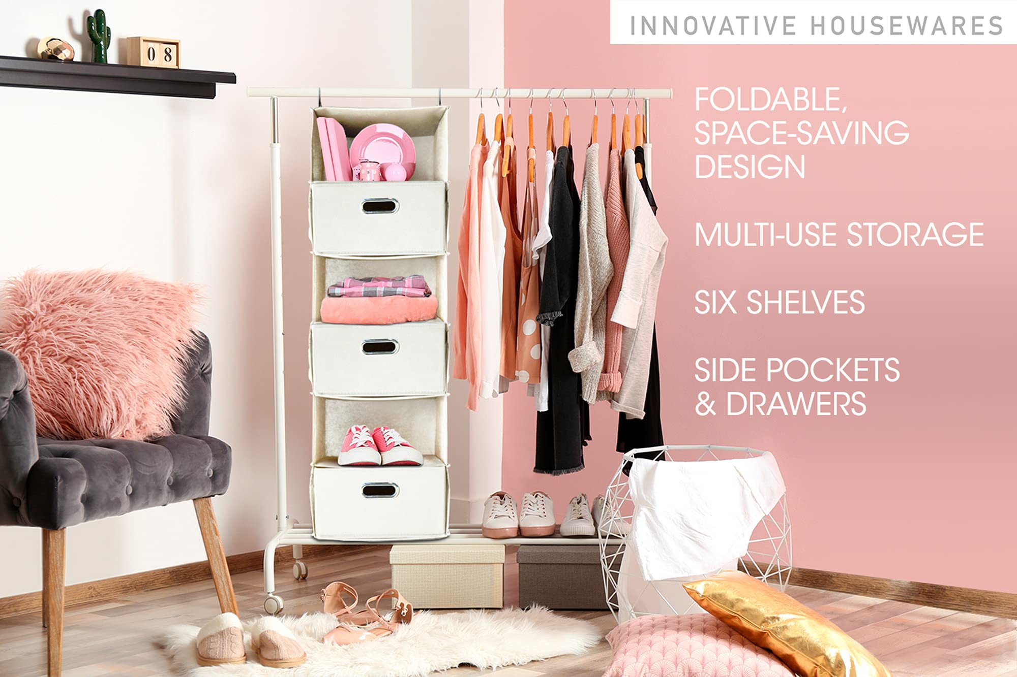 Closet Organizer Hanging Shelves, 6 Shelf Closet Storage with 5 Storage Drawers & Purpose Made Pockets, Jewelry Shoe Organizer Drawer Organizers, Perfect for Organization and Storage (Dark Grey)