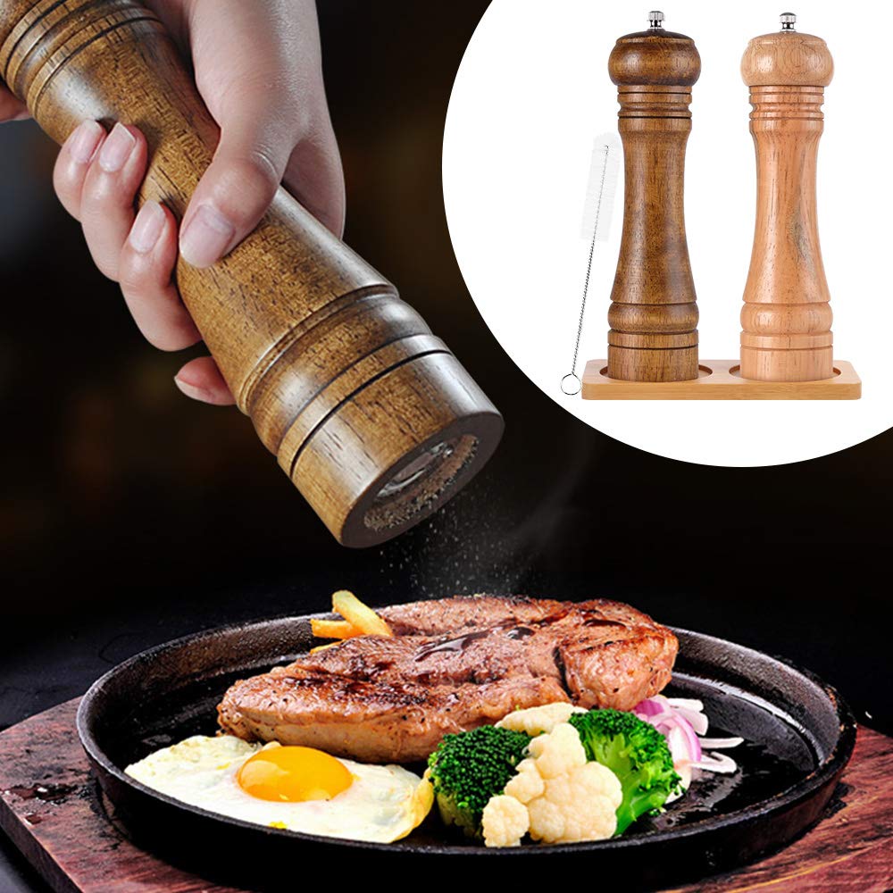 SZUAH Salt and Pepper Grinders, Oak Wooden Salt and Pepper Mills Shakers with Cleaning Brush & Wood Stand, Ceramic Rotor with Strong Adjustable Coarseness[Set of 2]