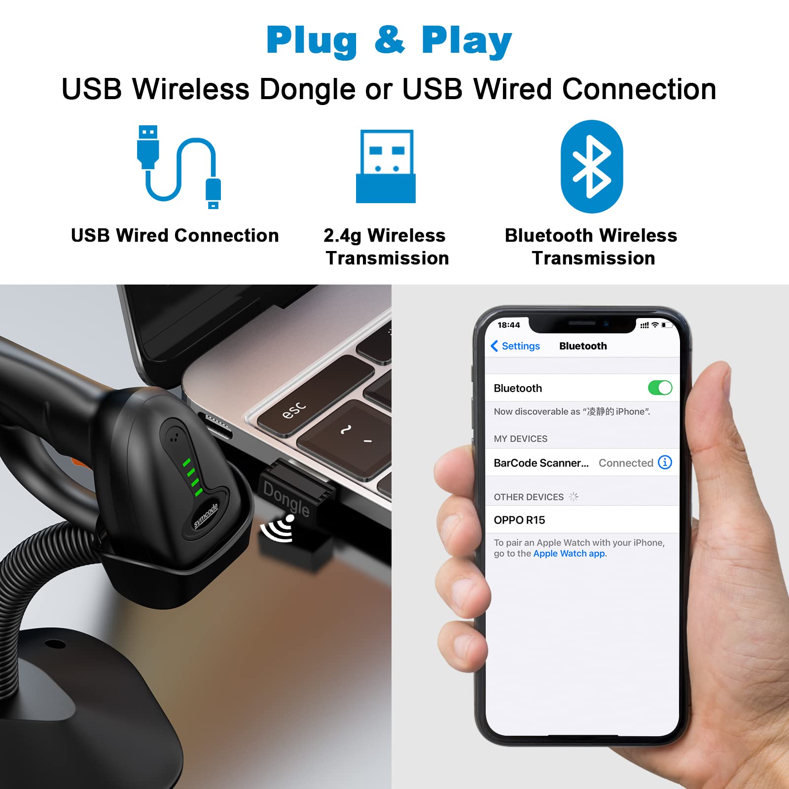 Bluetooth Barcode Scanner with Stand,2.4G Wireless & USB 2D QR Handheld Barcode Reader Scanner for Library Book, Warehouse Inventory, Store