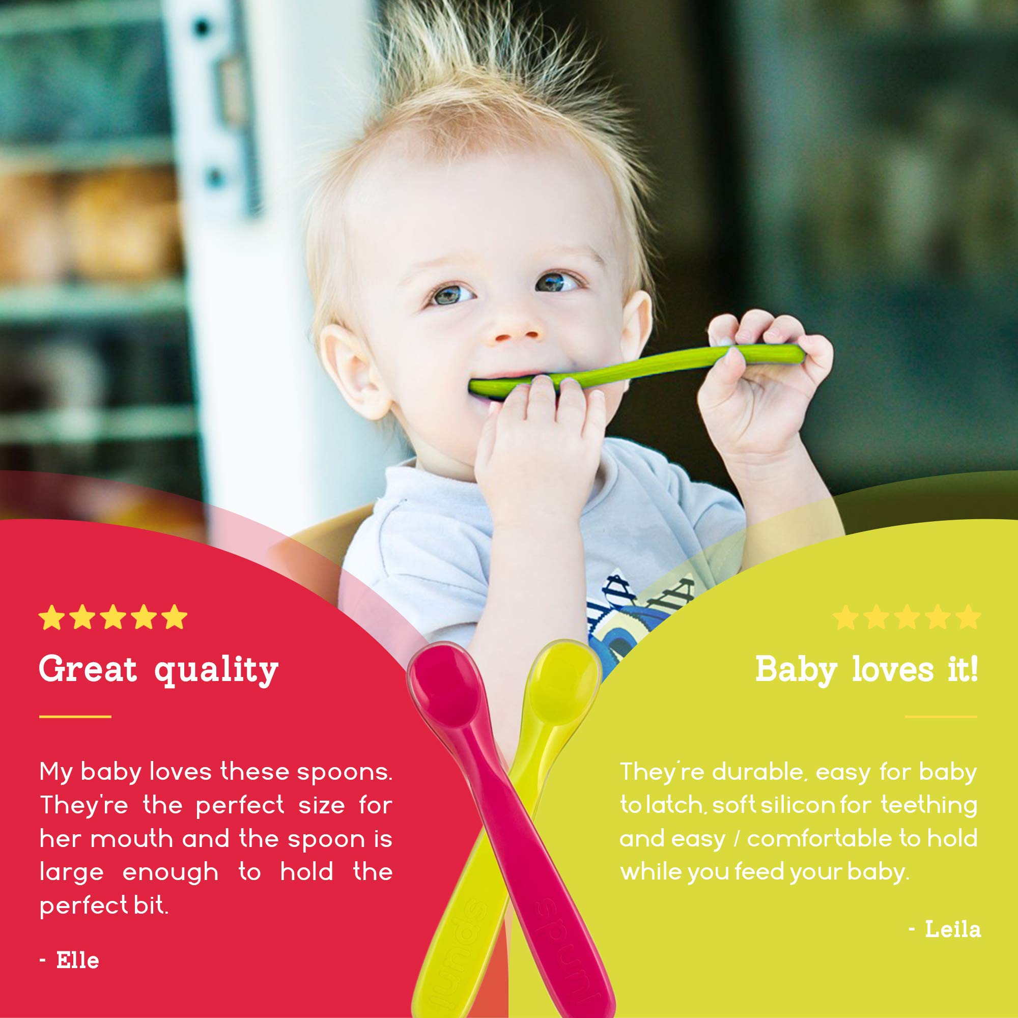 Spuni - Baby Spoon, Medical-Grade Soft Plastic Infant Feeder, Feeding Spoons for Babies (8 months+), Neon Green & Playful Pink, 2 Pack