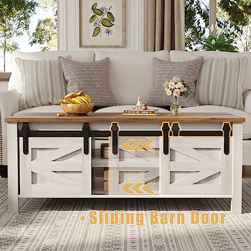 Furmax Coffee Table with Storage and Sliding Barn Doors, Farmhouse Living Room Table with Adjustable Shelves, Wood Rustic Center Table for Home Living Meeting Room (Antique White)