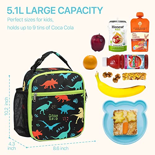Bagseri Kids Lunch Box, Insulated Lunch Box Bag for Boys, Portable Reusable Toddler Lunch Cooler Bag for School, Water-resistant Lining(Black & Dinosaur)