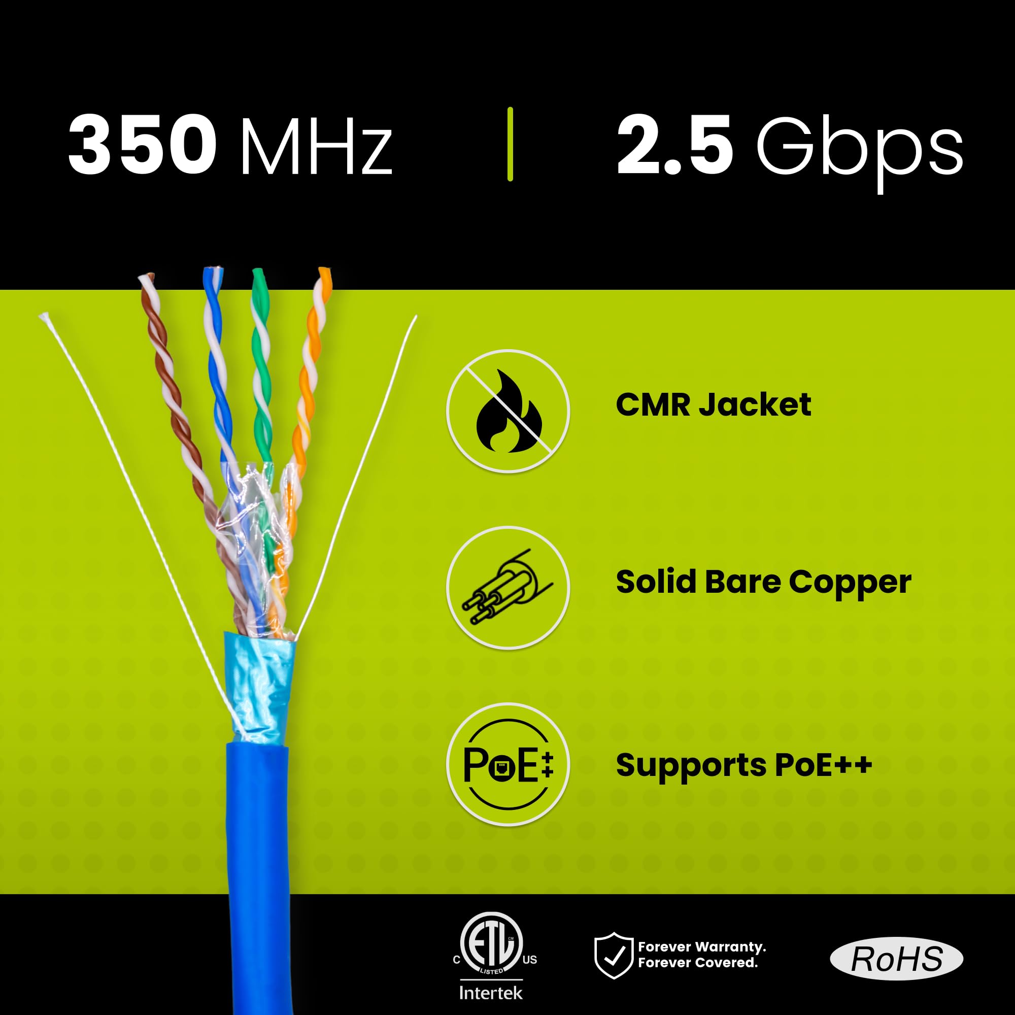 trueCABLE Cat5e Shielded Riser (CMR), 1000ft, Blue, 24AWG Solid Bare Copper, 350MHz, PoE++ (4PPoE), ETL Listed, Overall Aluminum Foil Shield (F/UTP), Bulk Ethernet Cable