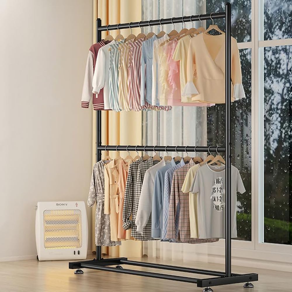 Bold and Heighten 2 Layers Metal Clothes Drying Rack Laundry Drying Rack, Sheet Quilts Blanket Drying Rack, Heavy Duty Garment Rack For Indoor Outdoor 1.5M/150cm/59 Inches(Black)