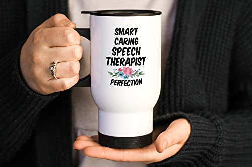 Casitika Speech Pathologist Gifts. 14 Oz Speech Therapy White Steel Travel Mug. Novelty Cups For Slp Teachers, Students Or Co-workers.