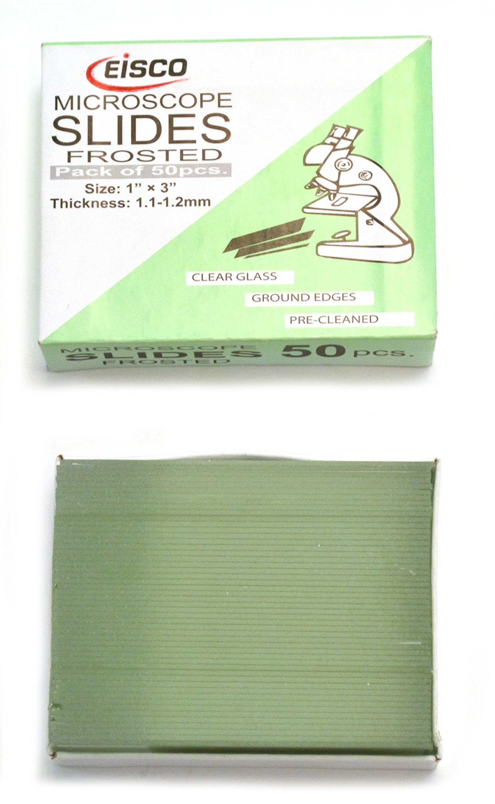 EISCO Glass Microscope Slides, 50 Pack - Precleaned - Ground & Polished Edges - Frosted End